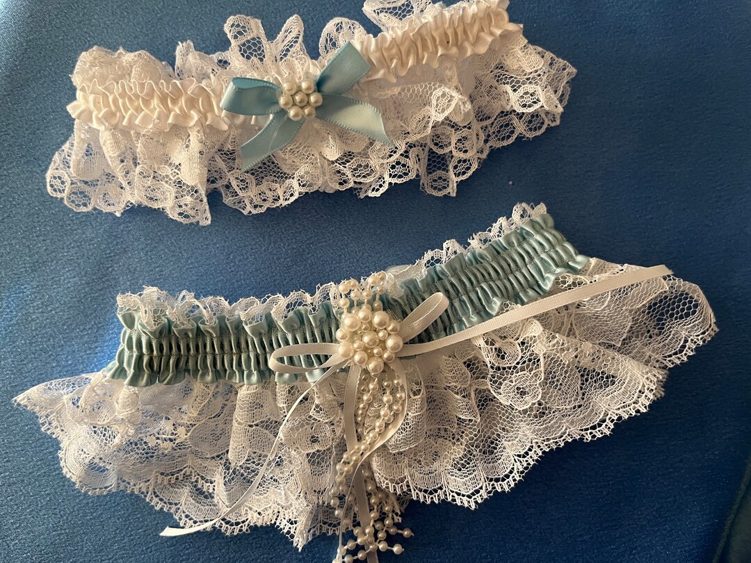 Elegant Set of Two White Wedding Garters With the something Blue. Set ...
