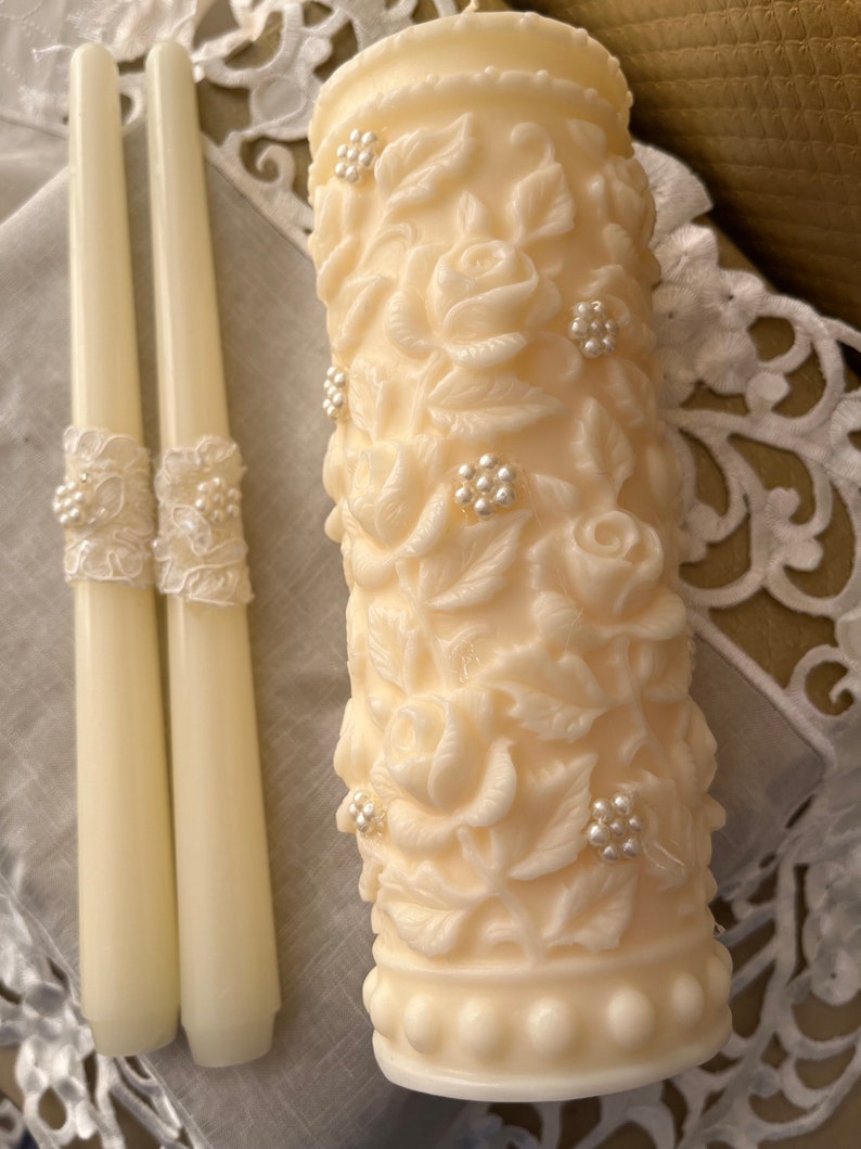 Beautiful 3 Piece Ivory Unity Candle Set With Embossed Roses, Pearls ...