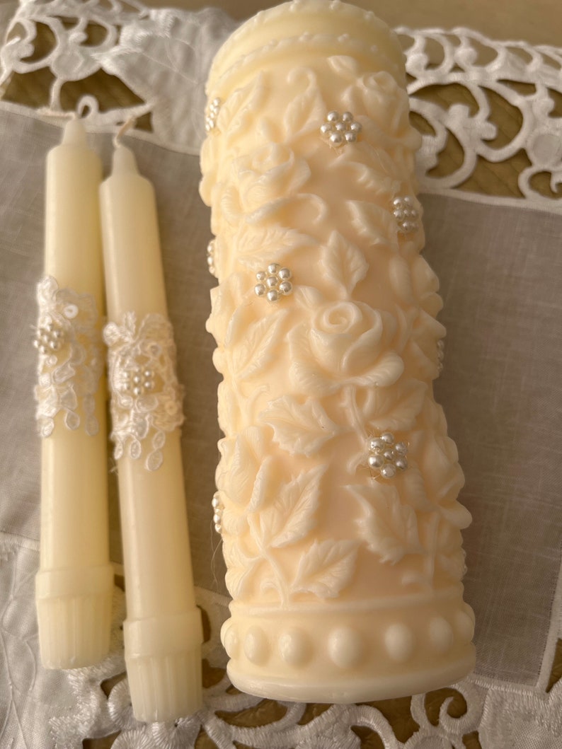 Beautiful 3 Piece Ivory Unity Candle Set With Embossed Roses, Pearls ...