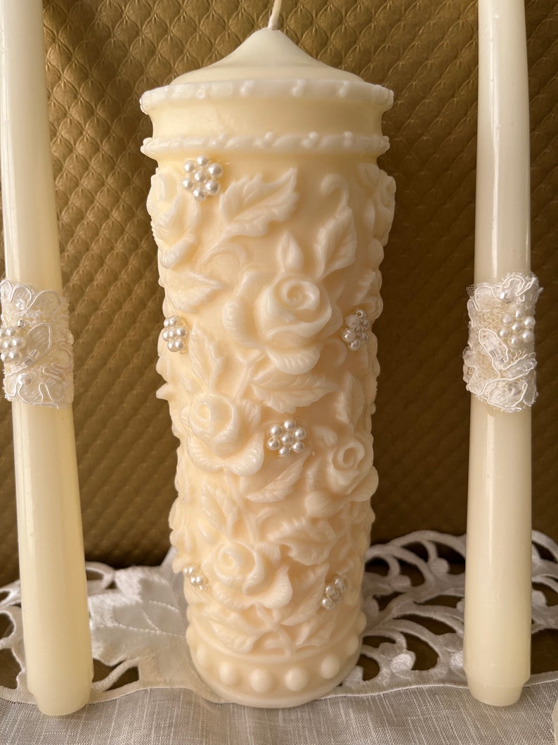 Beautiful 3 Piece Ivory Unity Candle Set With Embossed Roses, Pearls ...