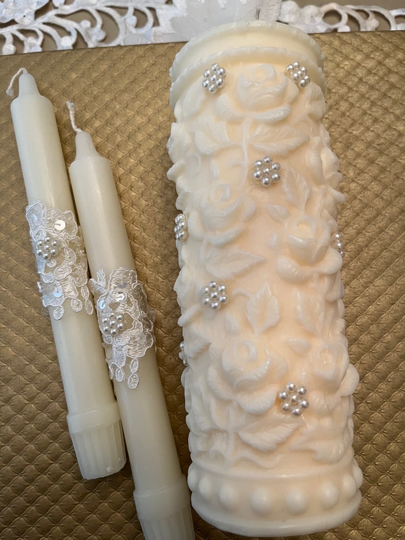 Beautiful 3 Piece Ivory Unity Candle Set With Embossed Roses, Pearls ...