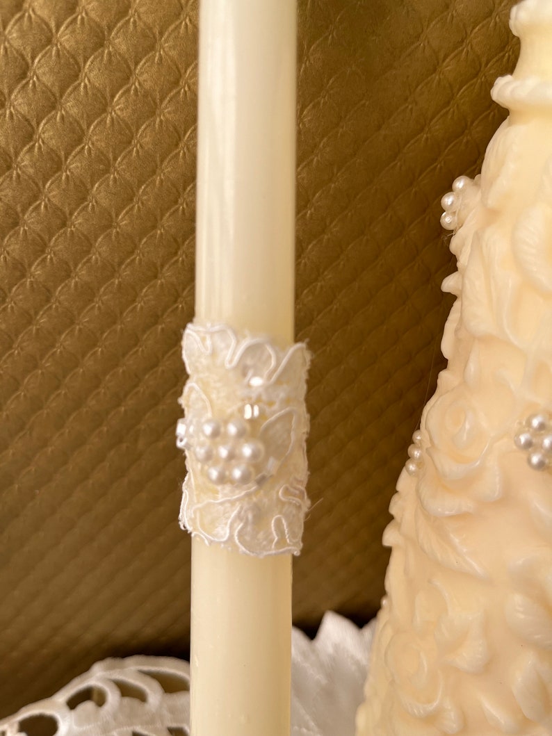 Beautiful 3 Piece Ivory Unity Candle Set With Embossed Roses, Pearls ...