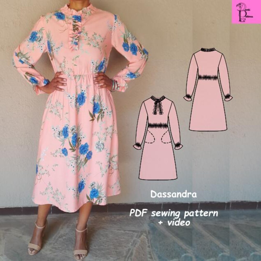 Ruffle Jabot Neckline Dress Sewing Pattern (PDF Download): US Size 0-22 ...