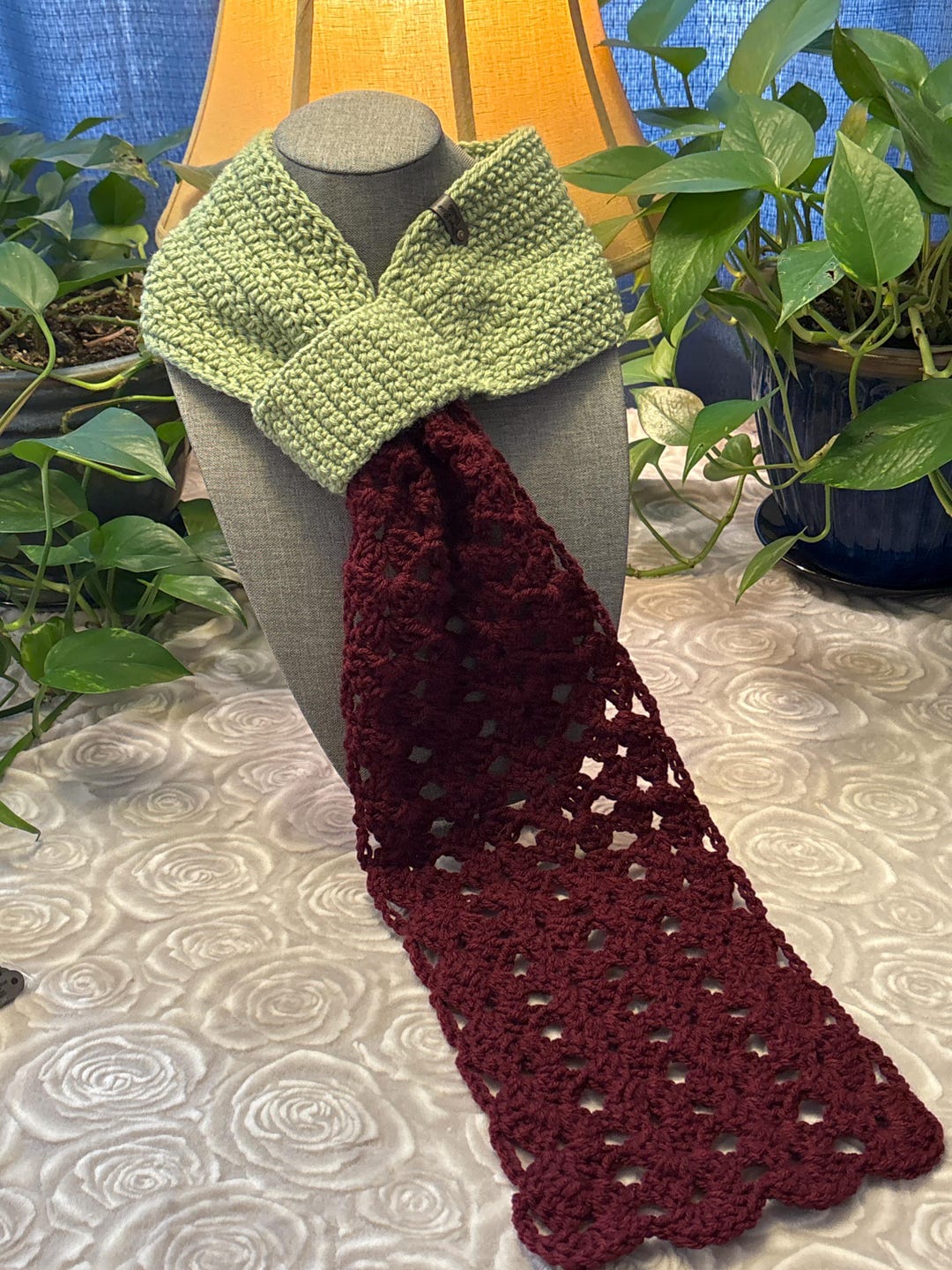 Annabella Crochet Keyhole Scarf in Misty Green & Claret Red - Etsy