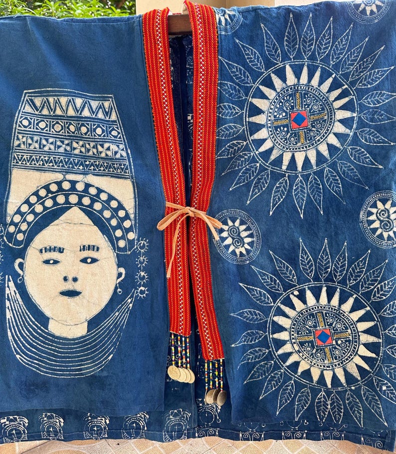 Hmong Tribal Quilted Kimono Jacket: Indigo Hand-dyed Cotton Vest ...