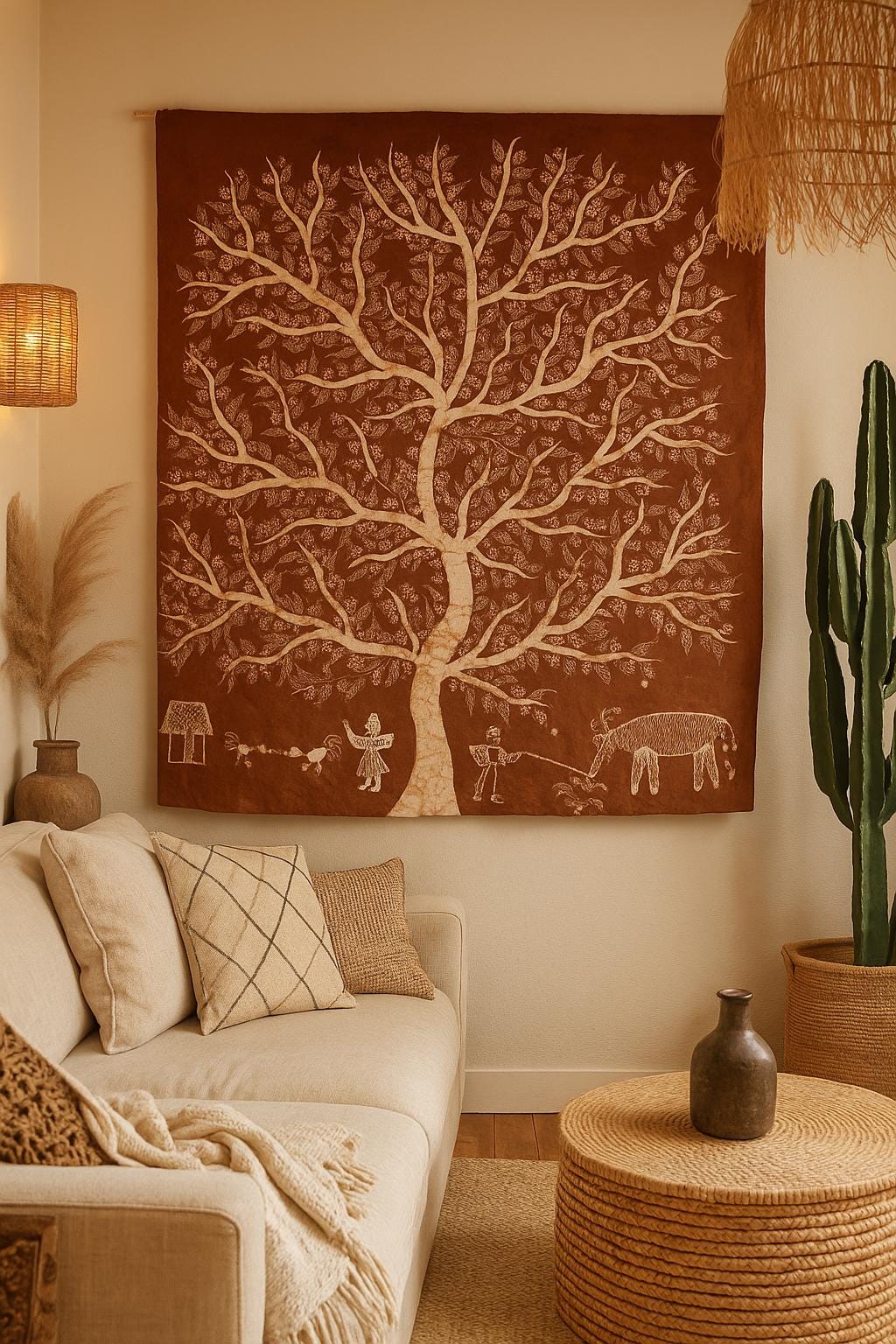Hmong Tree of Life Tapestry: Hand-drawn Wall Art, Natural Yam Dye ...