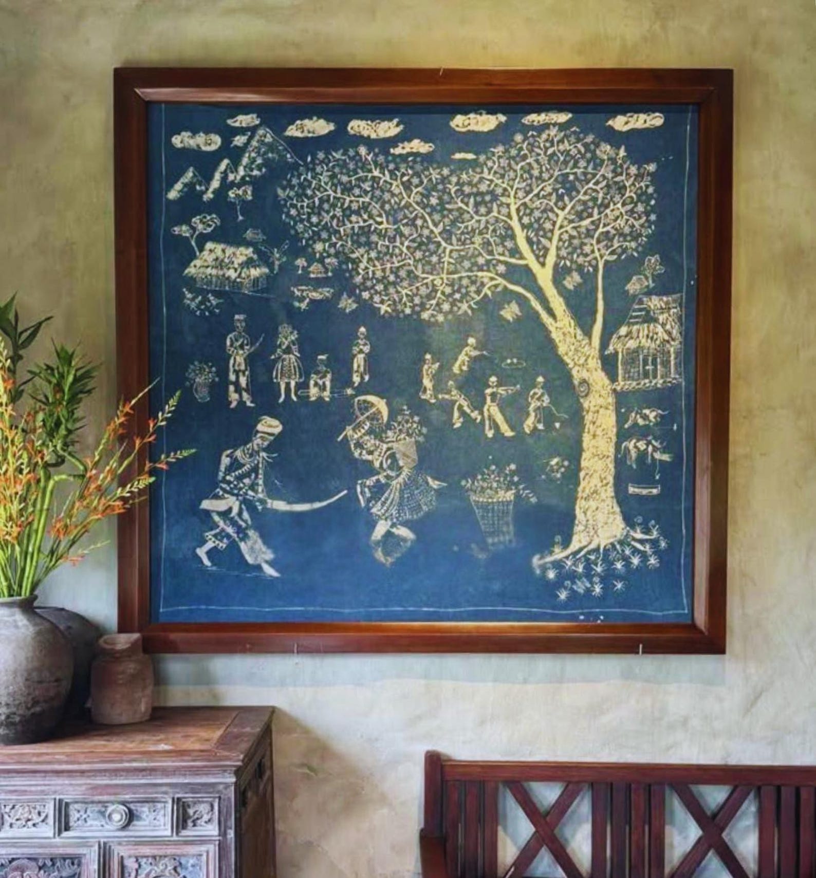 Hand-drawing Indigo Batik Wall Art: Hmong Traditional Beeswax Painting ...