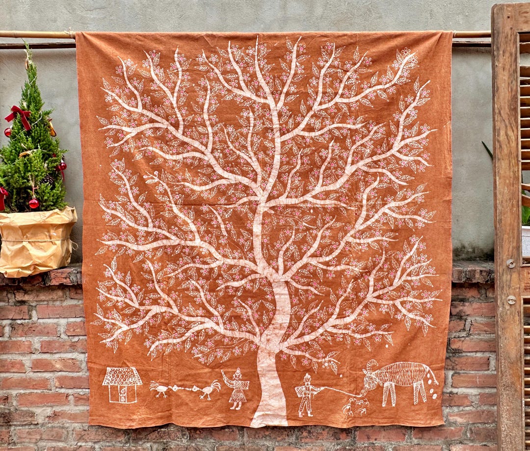 Hmong Tree of Life Tapestry: Hand-drawn Wall Art, Natural Yam Dye ...