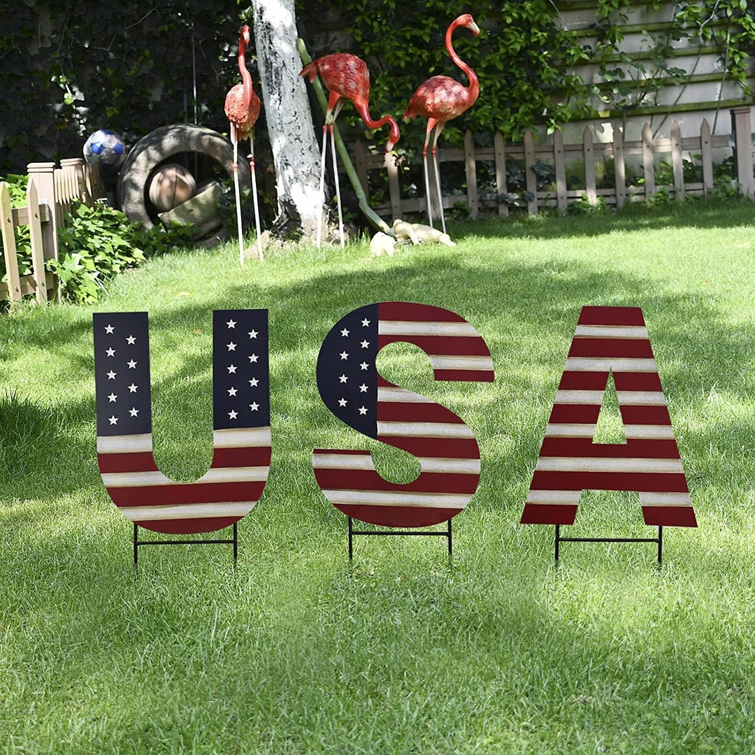Metal American Flag STYLE Patriotic WALL & Yard Sign Outdoor Lawn Decor ...