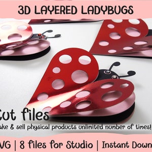 3D Heart Ladybugs, Layered Ladybug, SVG Cricut, Silhouette Studio, 3 ...