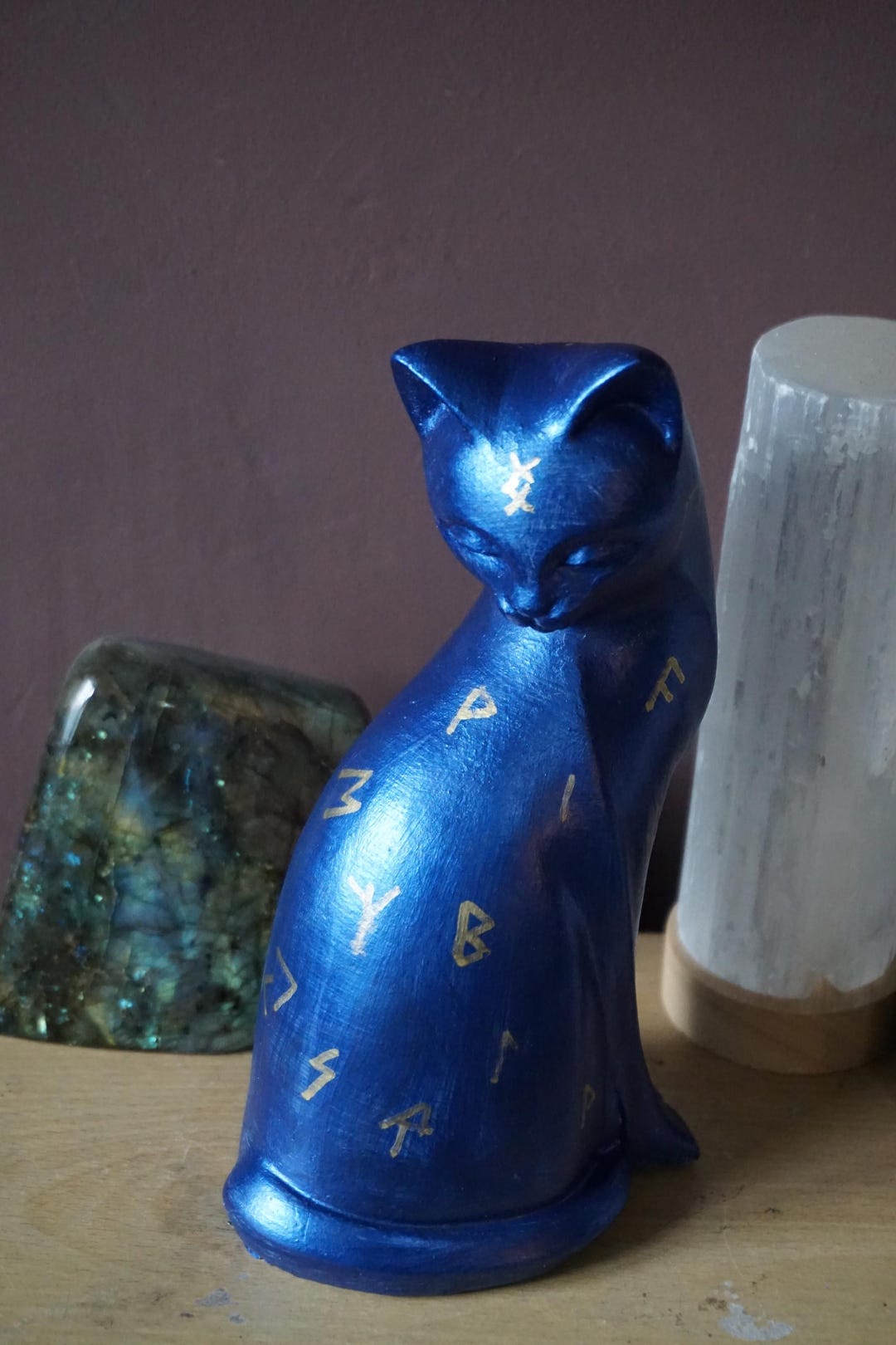 Midnight Blue Runic Cat Statue - Handcrafted Stonecast Feline Ornament ...