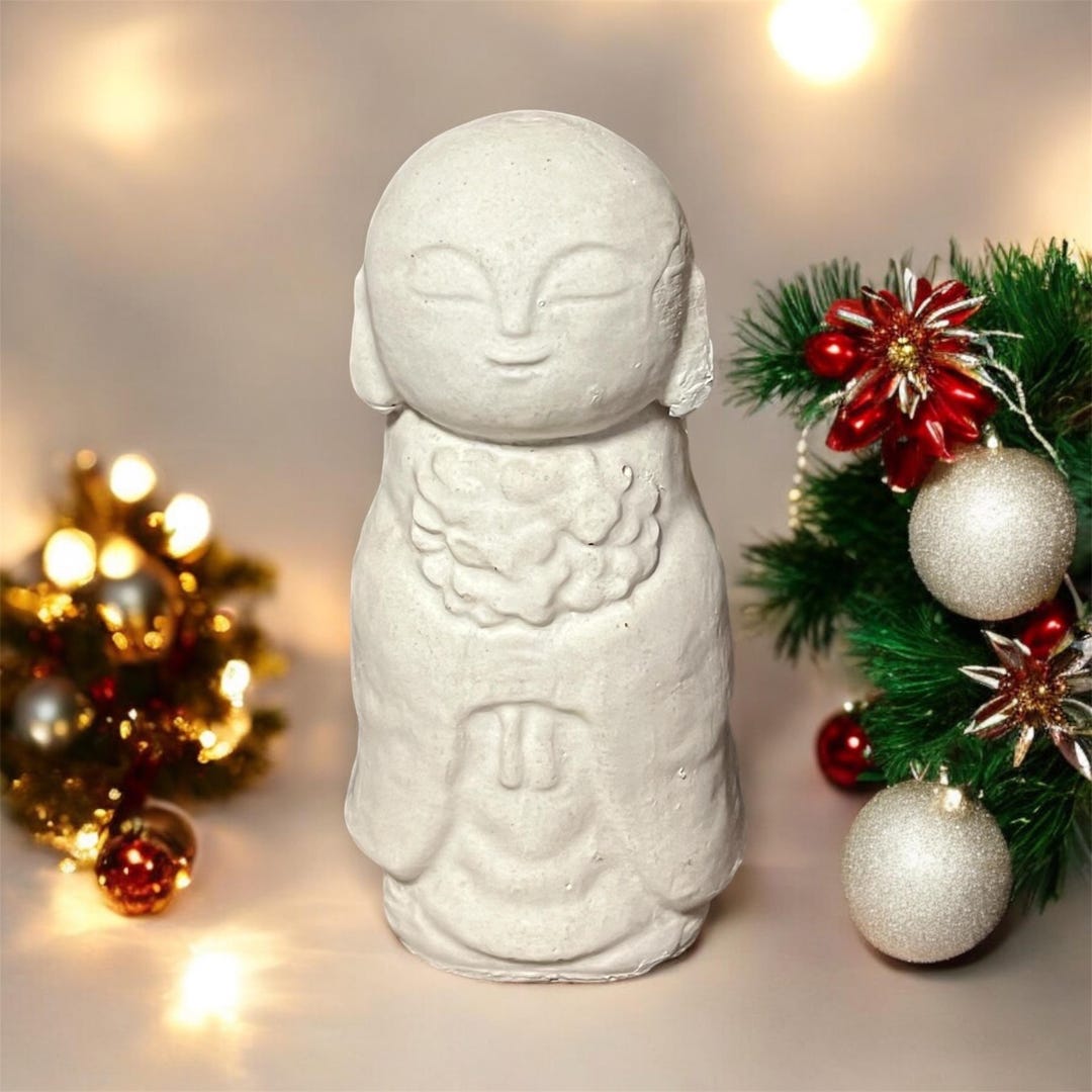 Small Jizo With Flowers Ornament Statue Handmade in Concrete, Gift Idea ...