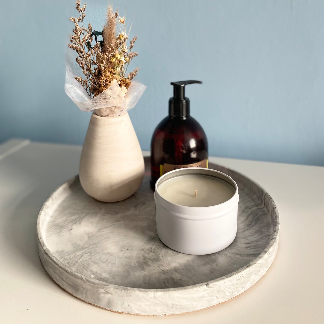 Grey Marble Round Tray, Candle Dish, Storage Tray, Large Decorative ...