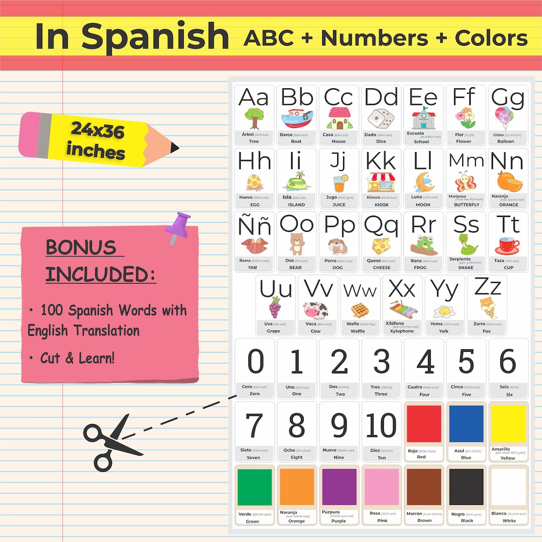 Spanish Alphabet, Numbers & Colors Poster for Kids | Learn Spanish ...