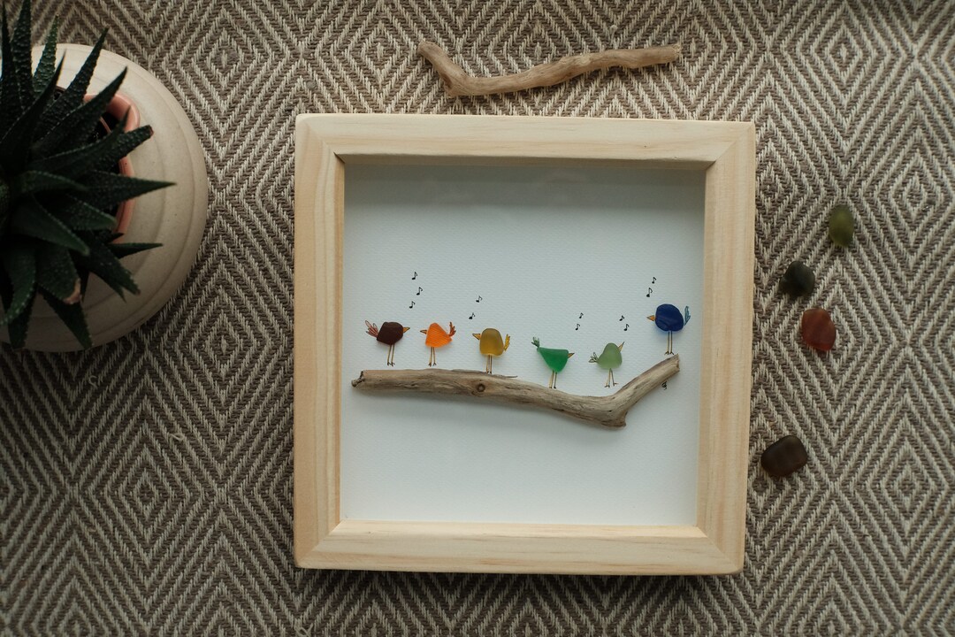 Rare Scottish Sea Glass Rainbow Birds on a Drift Wood Decorative Framed ...