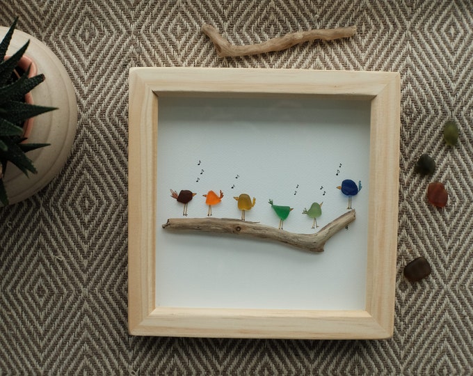 Rare Scottish Sea Glass Rainbow Birds on a Drift Wood Decorative Framed ...