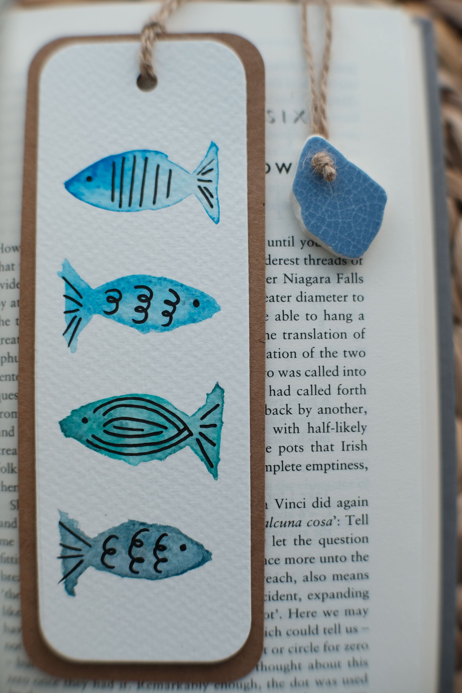 Original Hand-painted Blue Fishes Sea Themed Watercolor Bookmark With a ...