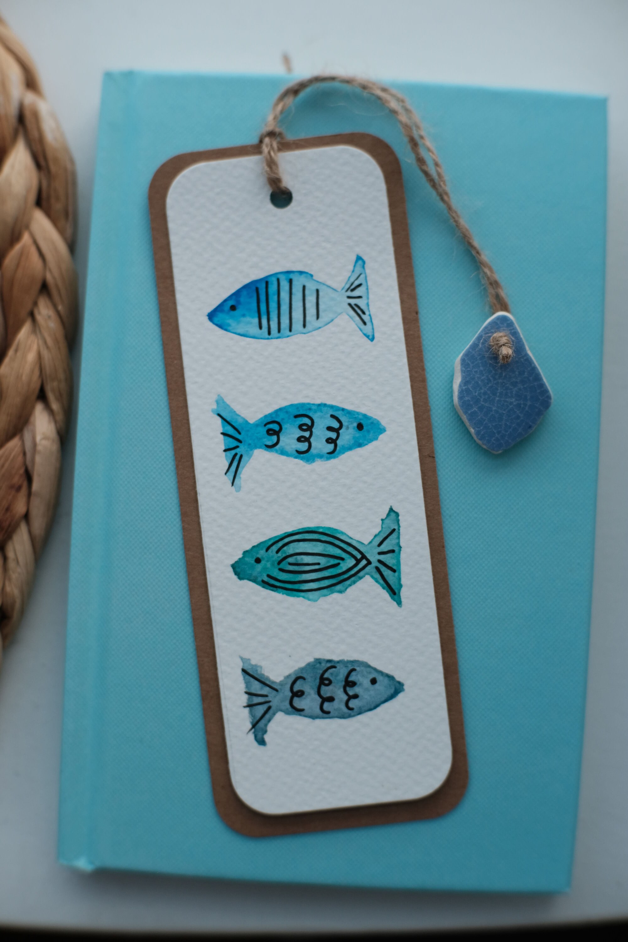 Original Hand-painted Blue Fishes Sea Themed Watercolor Bookmark With a ...