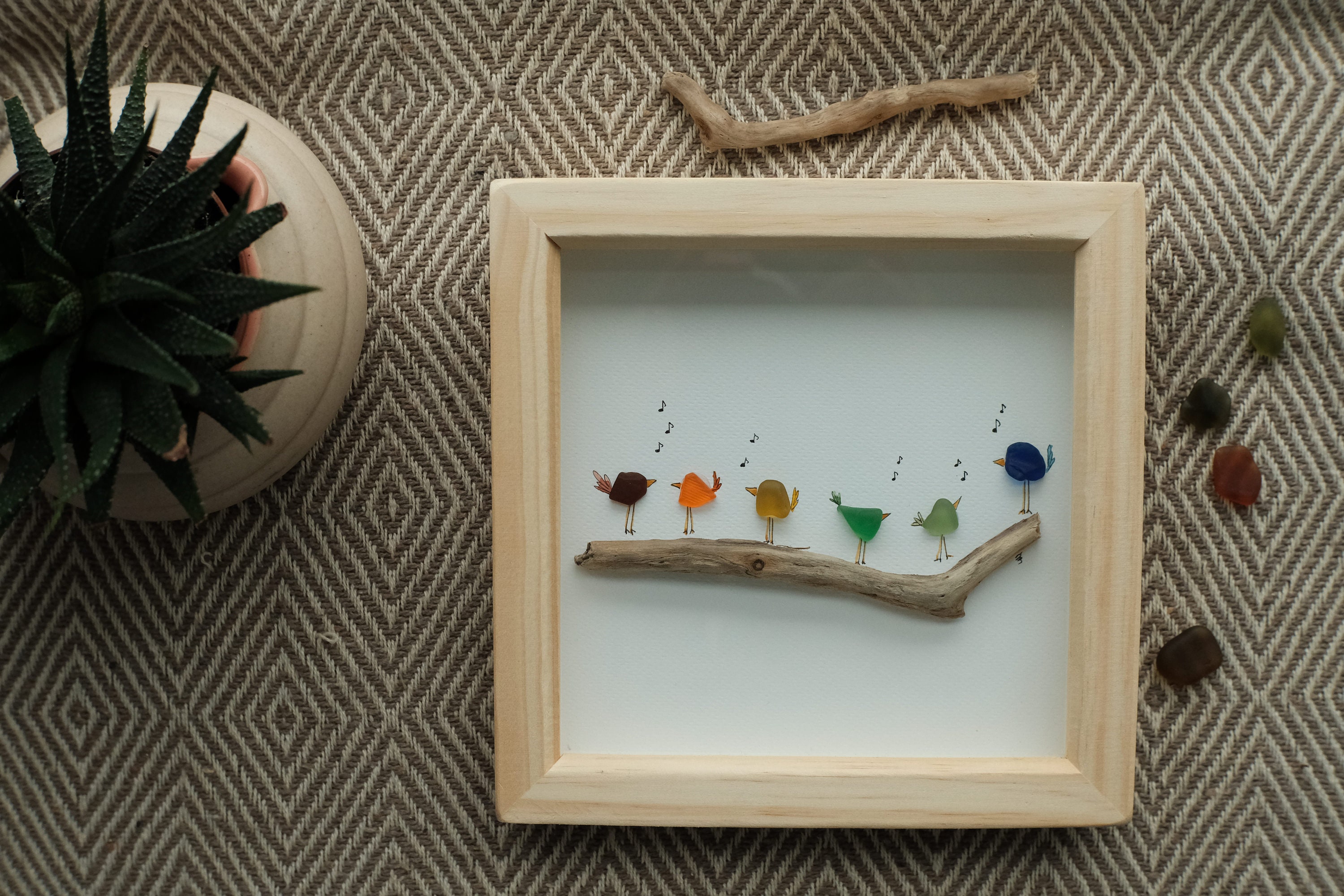 Rare Scottish Sea Glass Rainbow Birds on a Drift Wood Decorative Framed ...