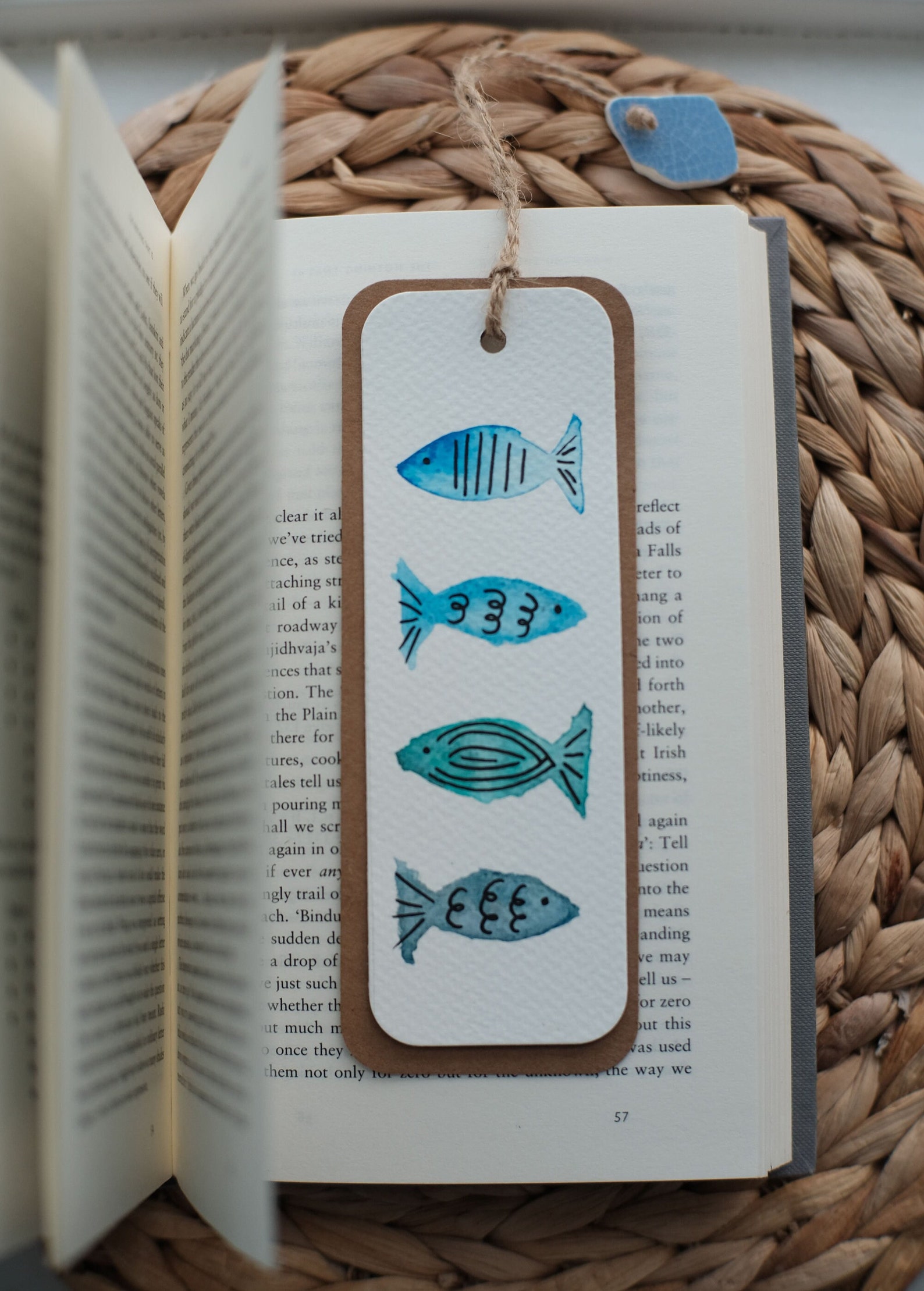 Original Hand-painted Blue Fishes Sea Themed Watercolor Bookmark With a ...