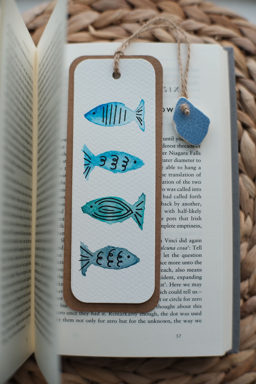 Original Hand-painted Blue Fishes Sea Themed Watercolor Bookmark With a ...
