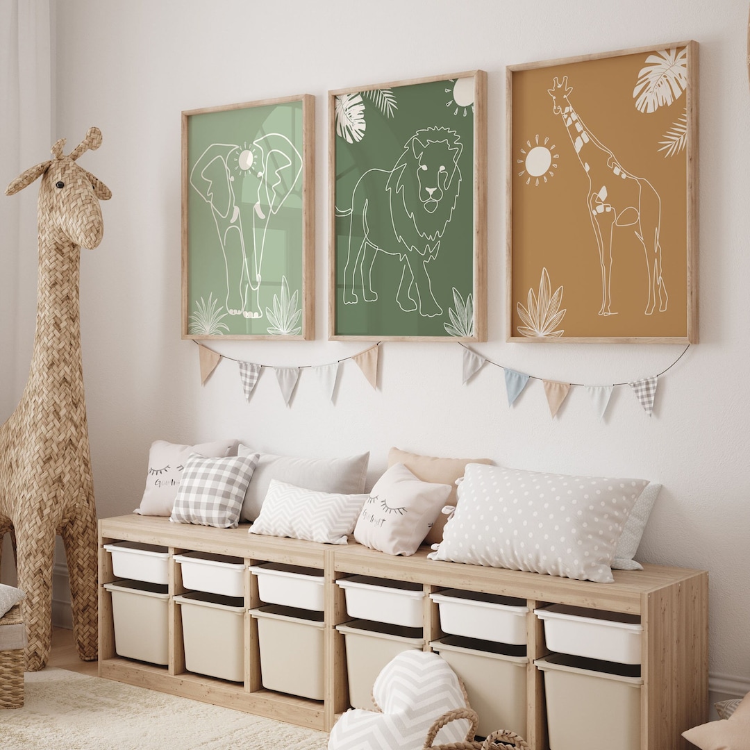 Set of 3 Boho Safari Jungle Animal Line Art Kids Bedroom Nursery Wall ...