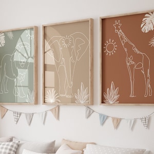 Set of 3 Boho Safari Line Art Children's Bedroom Nursery Wall Art Print ...