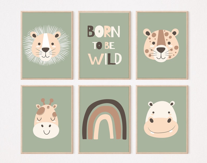 Set of 6 Jungle Animals Wall Art Print Born to Be Wild Boho - Etsy