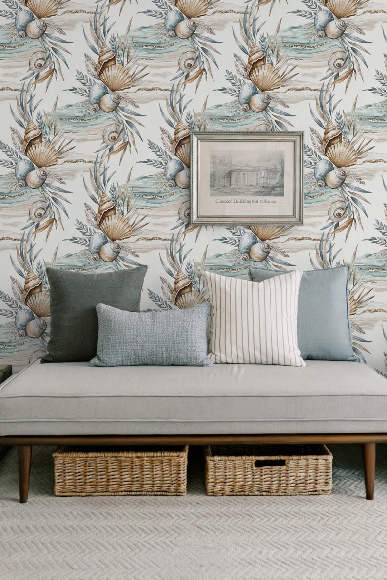 Hampton's Style Wallpaper With a Watercolor Seashell Pattern - Etsy