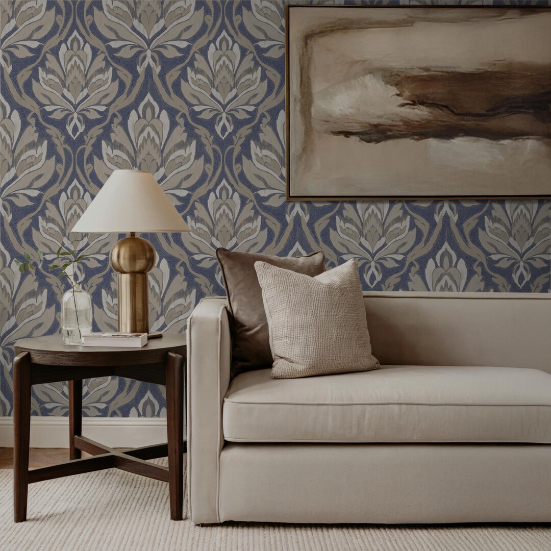 Classic Blue Damask Wallpaper | Dusty Blue & Taupe for Master Bedroom ...