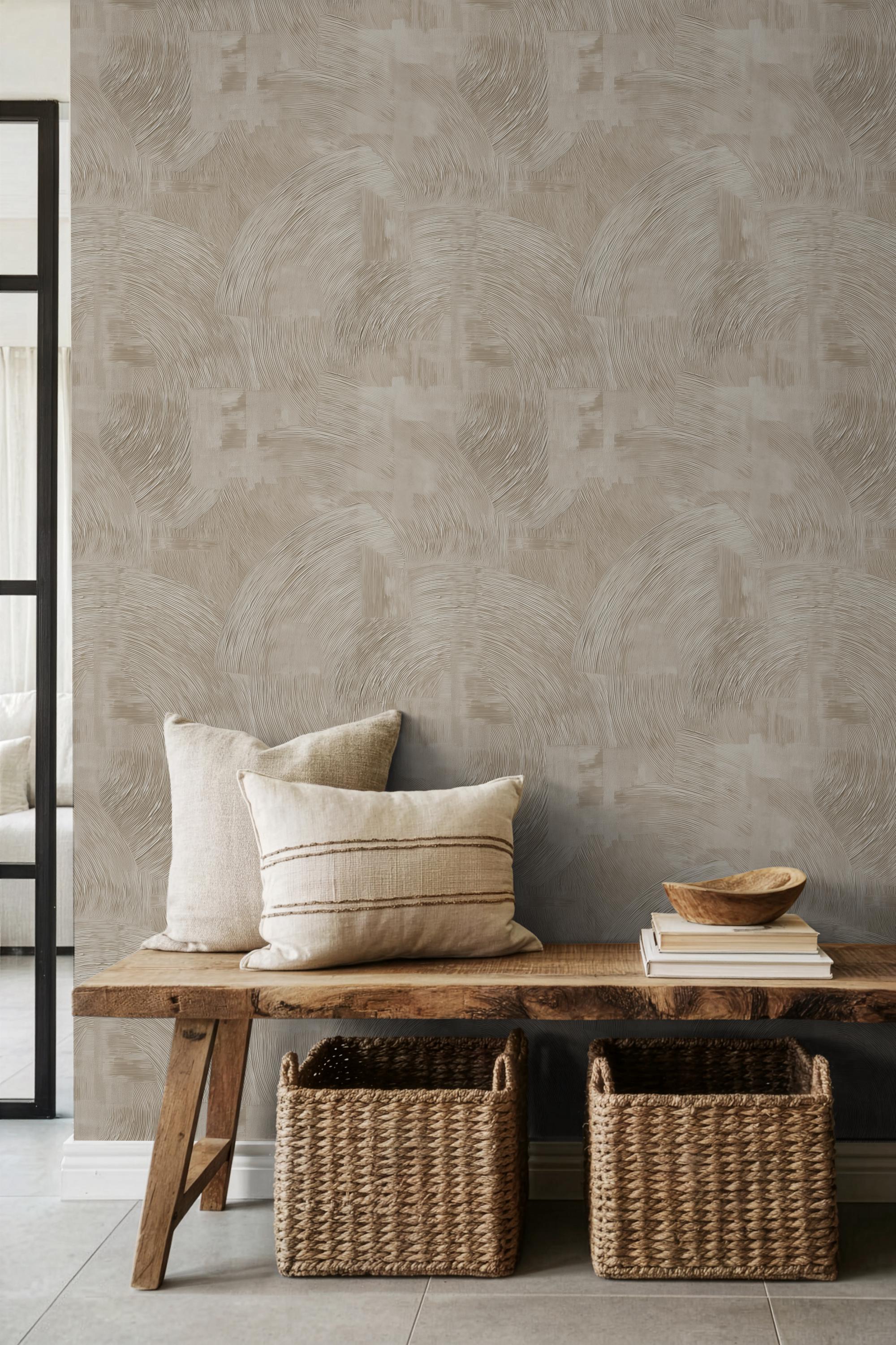 Warm Greige Raked Plaster Wallpaper: Abstract Brush Stroke Texture Wall ...
