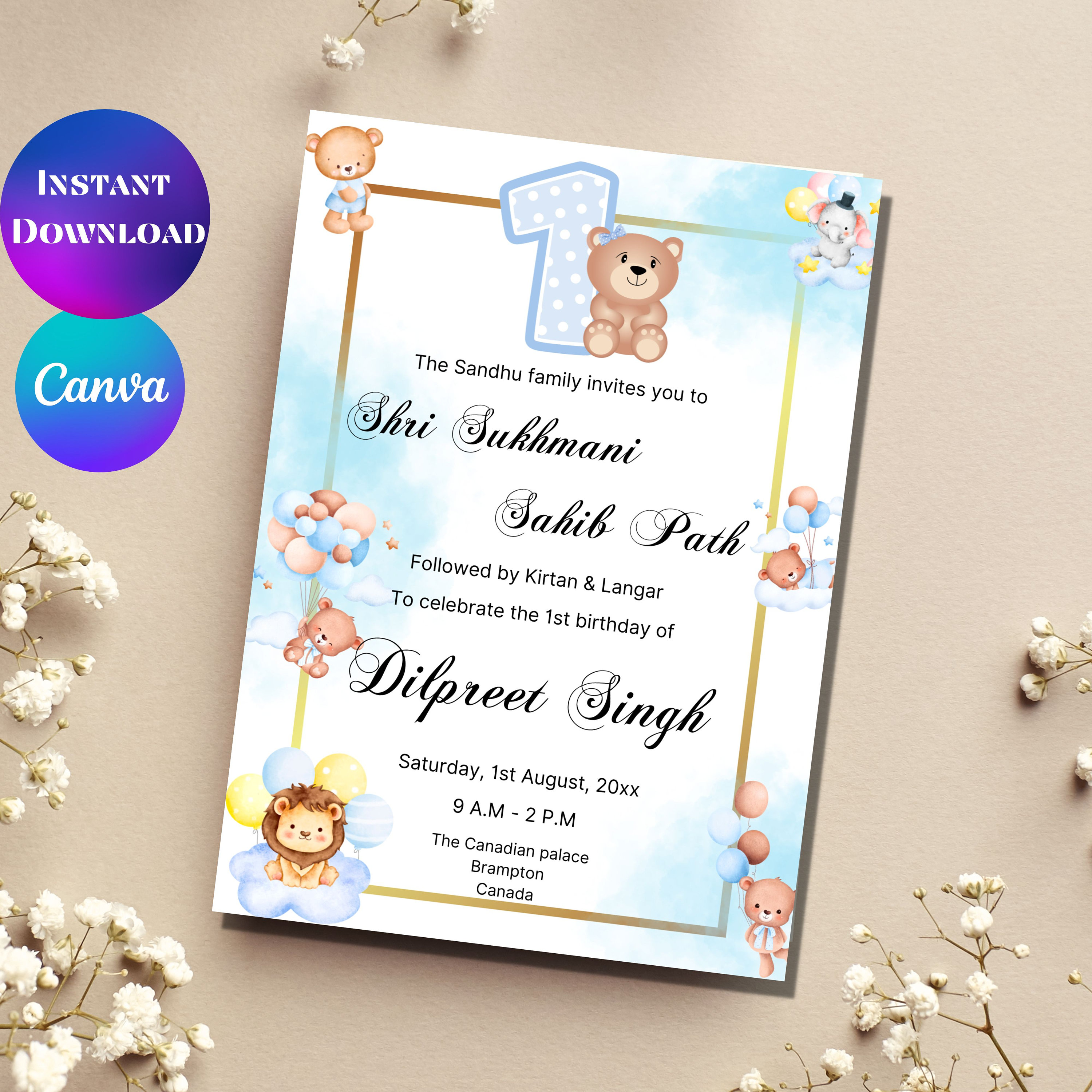 1st Birthday Path Invitation First Birthday Invitation Blue Cute Teddy ...