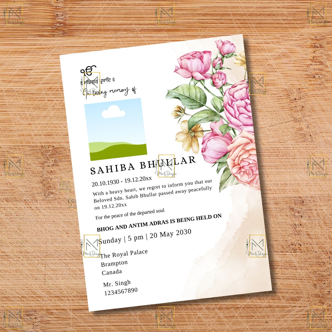 Floral in Loving Memory Sikh Funeral Announcement Template Punjabi ...