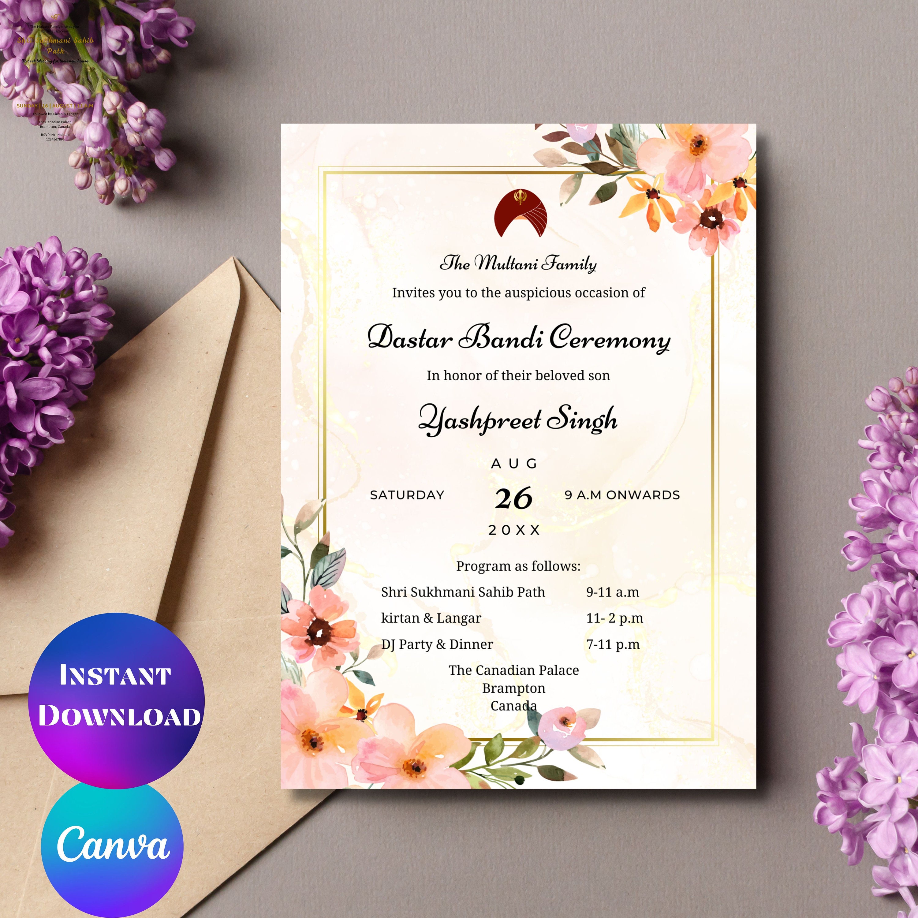 Dastar Bandi Ceremony Invitation Turban Tying Invitation Card Digital ...
