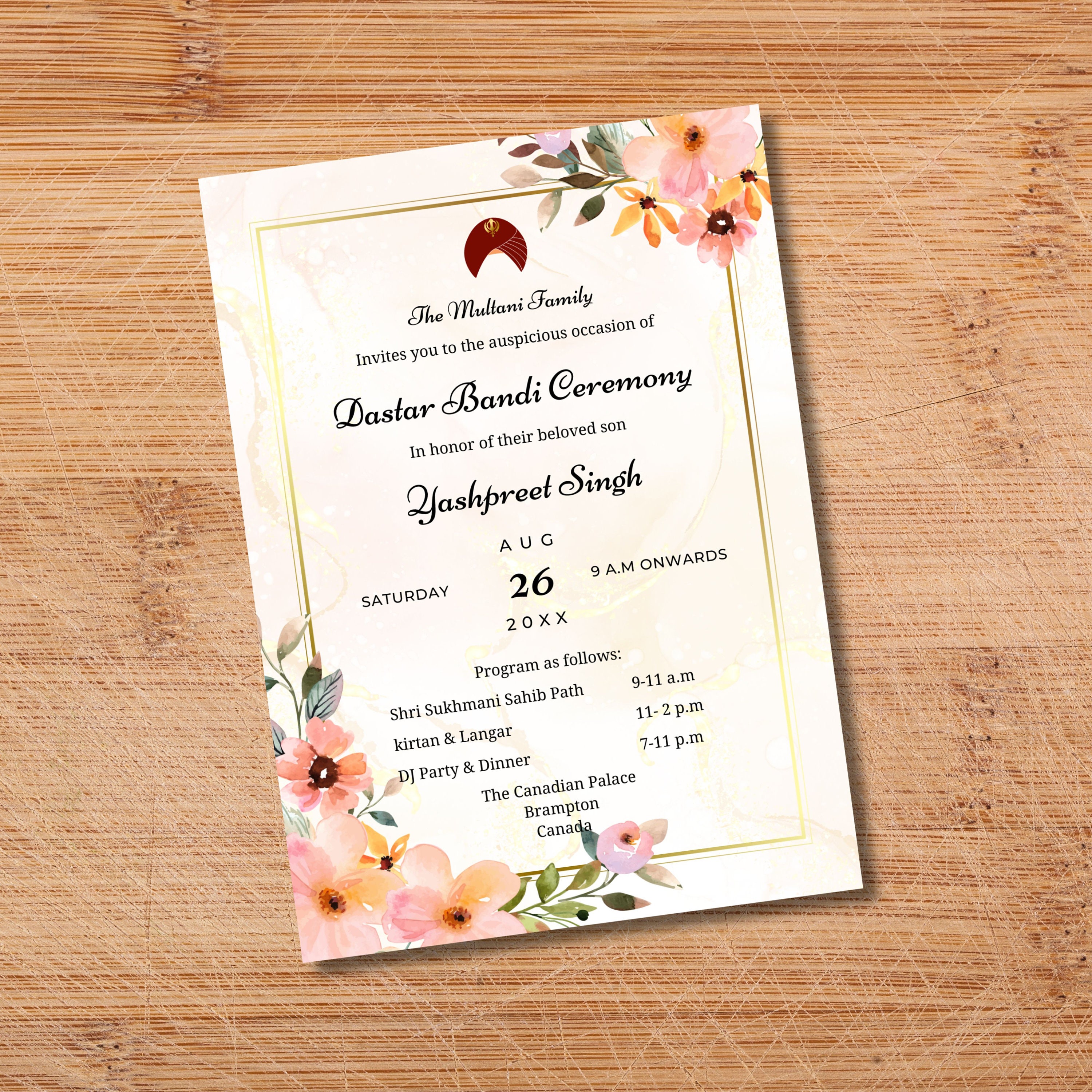 Dastar Bandi Ceremony Invitation Turban Tying Invitation Card Digital ...