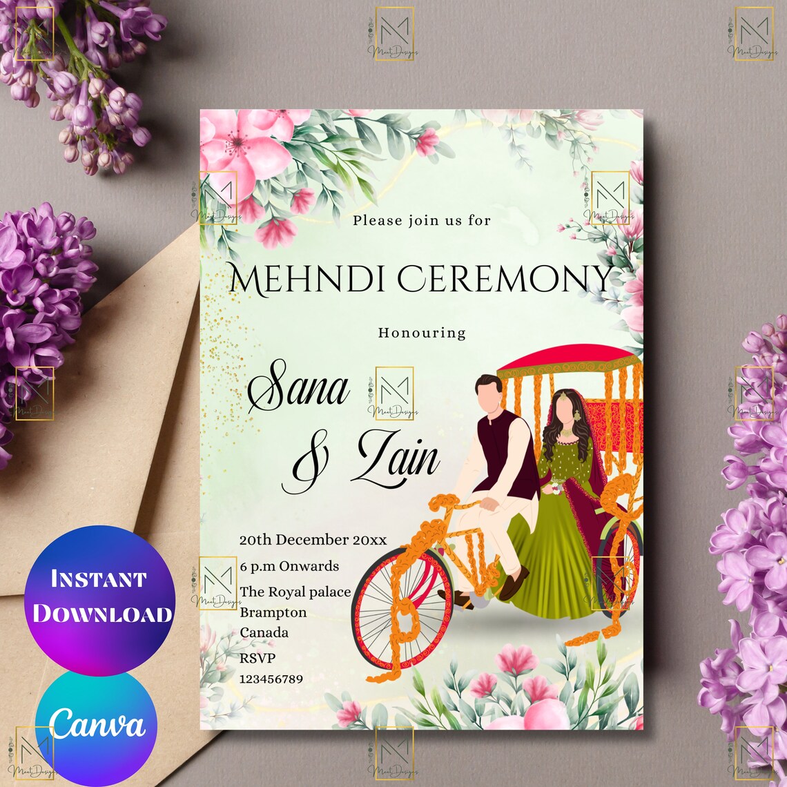 Couple on Rickshaw Mehndi Invitation Card Digital Couple Haldi Invite ...