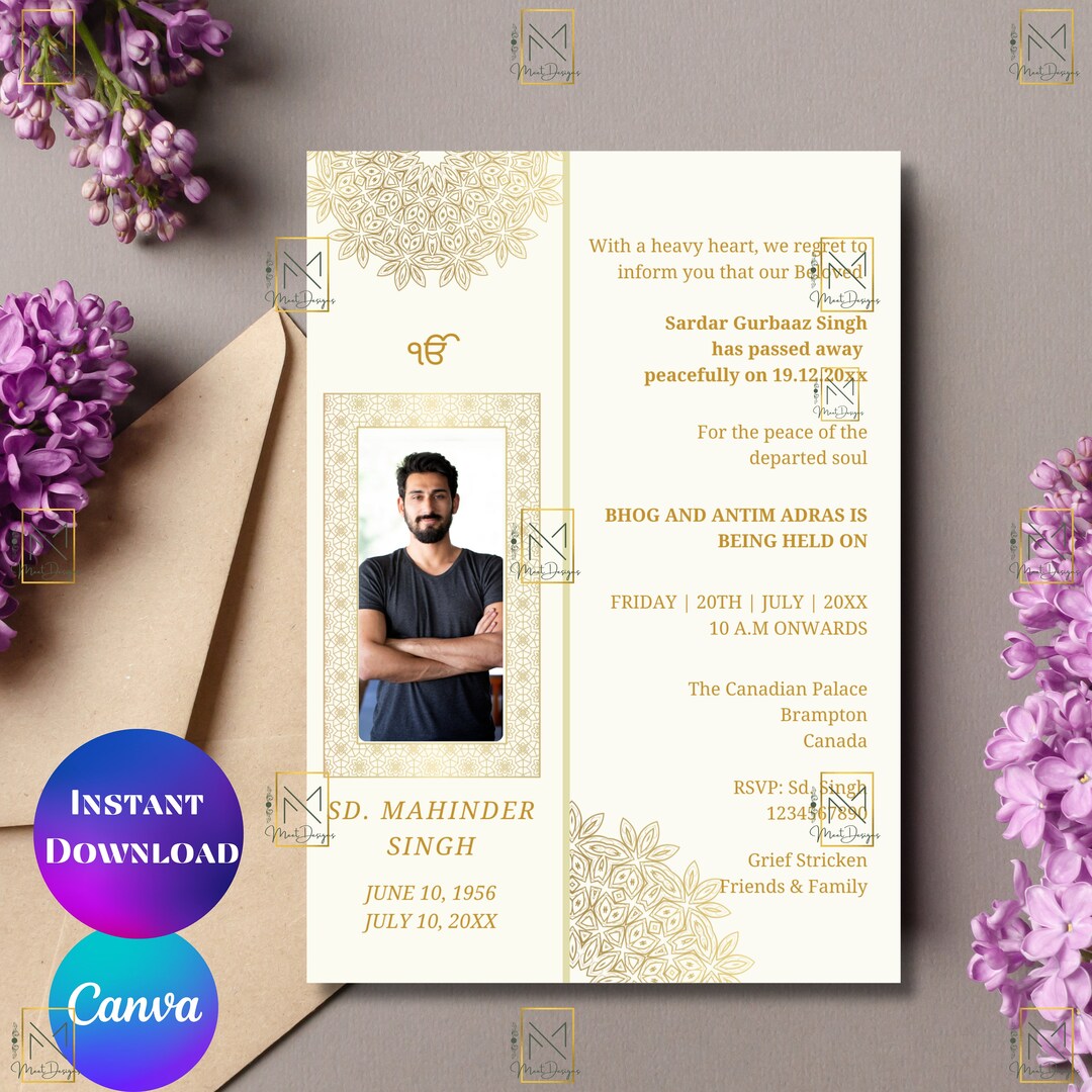 Sikh Funeral Announcement Template Digital Elegant Punjabi Funeral Card ...