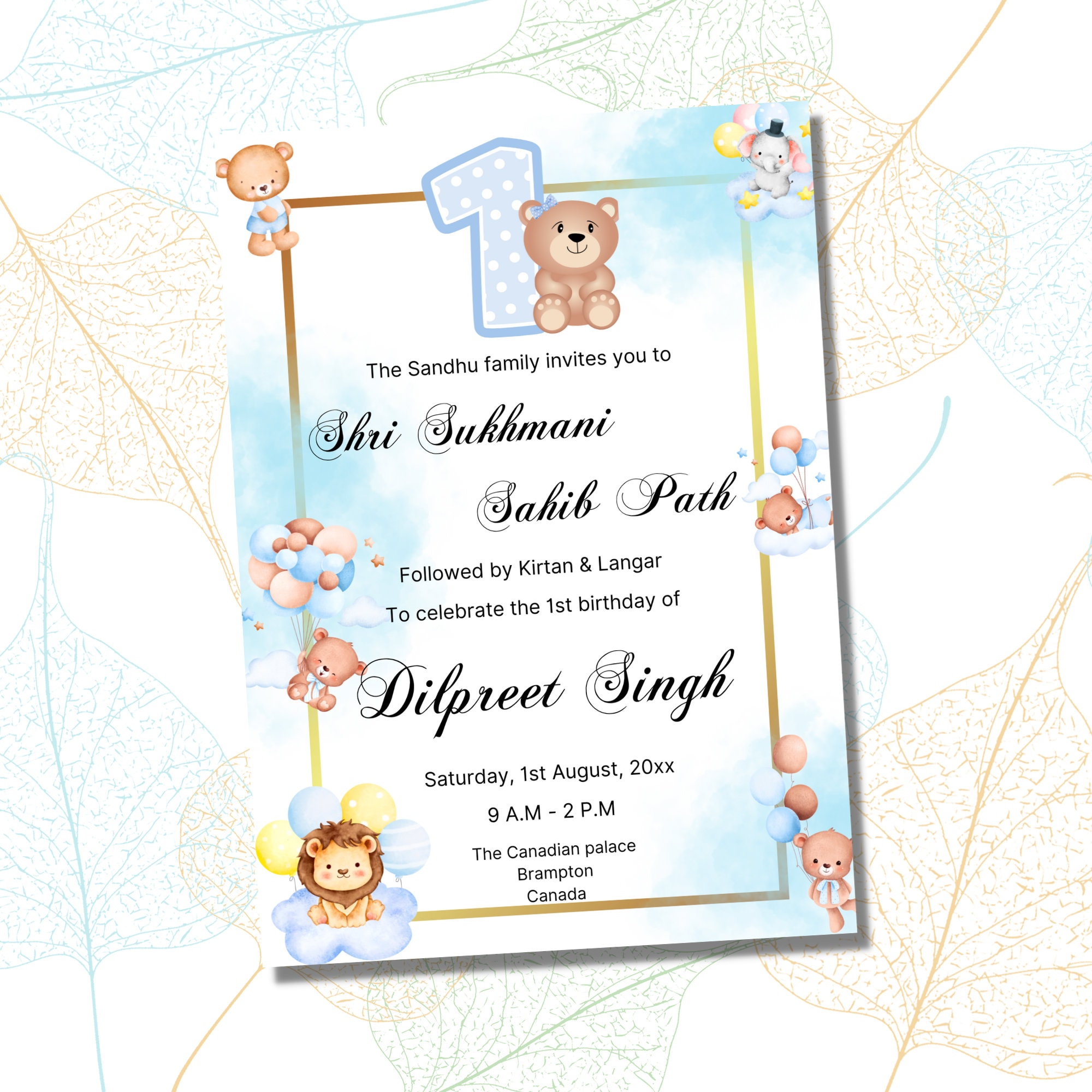 1st Birthday Path Invitation First Birthday Invitation Blue Cute Teddy ...