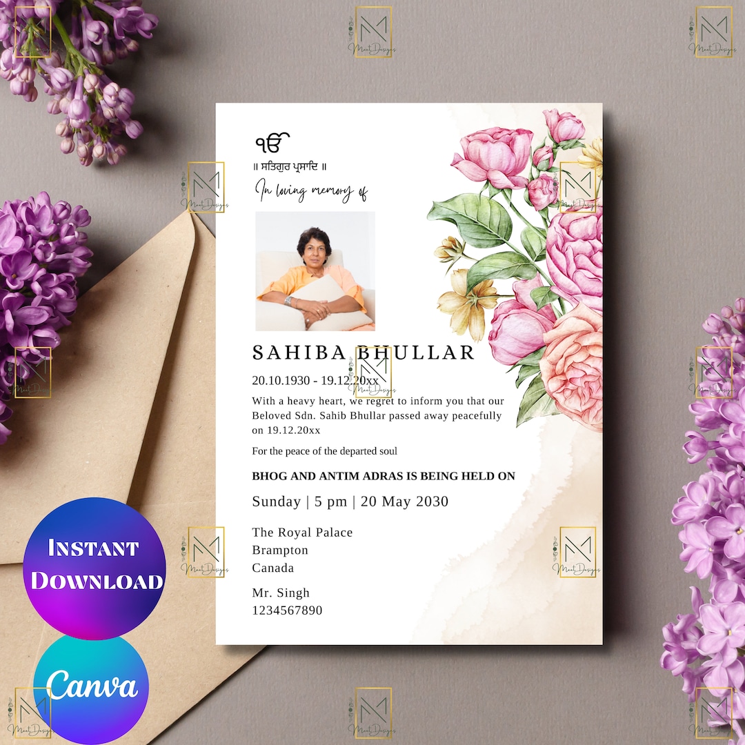 Floral in Loving Memory Sikh Funeral Announcement Template Punjabi ...