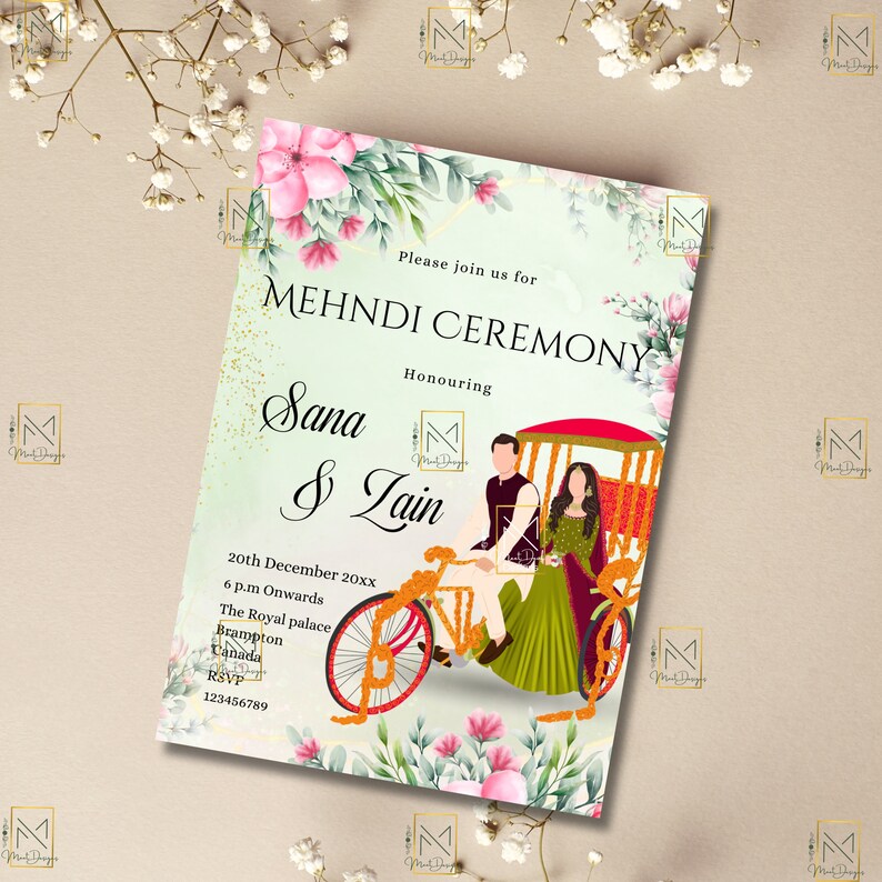 Couple on Rickshaw Mehndi Invitation Card Digital Couple Haldi Invite ...