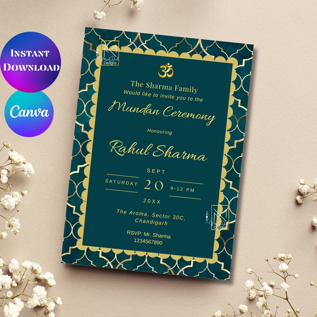 Gold Teal Mundan Ceremony Invitation Card Template Digital Mundan ...