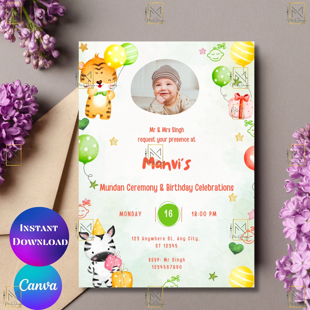 Green Photo Mundan Ceremony Invitation Template Joint Mundan & Birthday ...