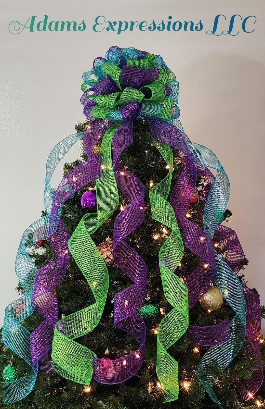 Peacock Christmas Tree Topper Bow: Purple, Teal & Lime Ribbon (12 ...