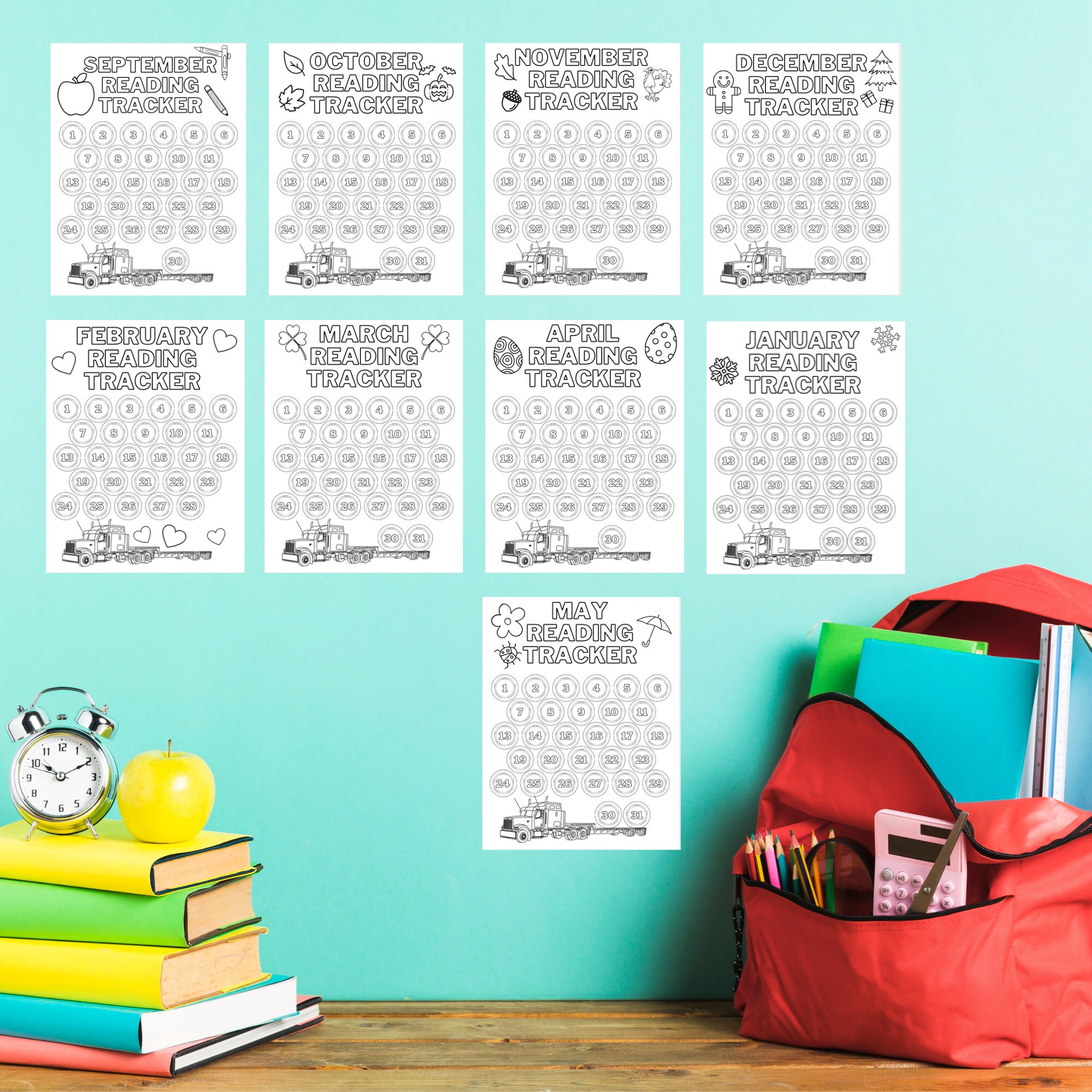 12 Month Semi Truck Reading Tracker Coloring Page, Read Books and Track ...