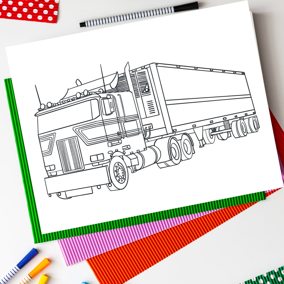 Bundle 5 - 5 Printable Fun Big Rig Semi Truck Coloring Pages, 5 Big Rig ...