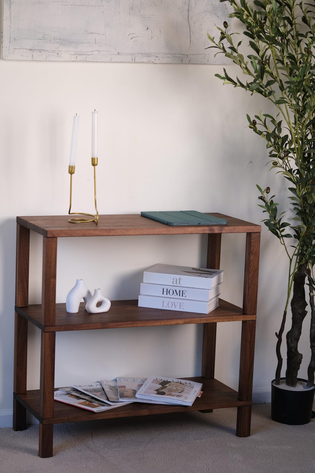 Small Wood Bookshelf Low Display Case Oak Walnut Wood Nightstand Mid ...