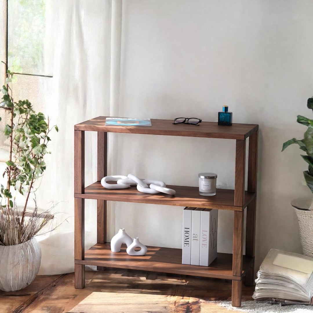 Small Wood Bookshelf Low Display Case Oak Walnut Wood Nightstand Mid ...