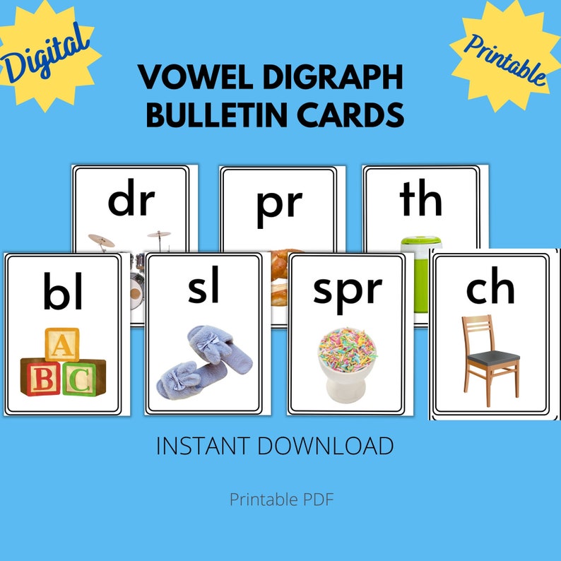 Vowel Digraph Bulletin Board Cards, Vowel Digraph Board, Vowel Pairs ...