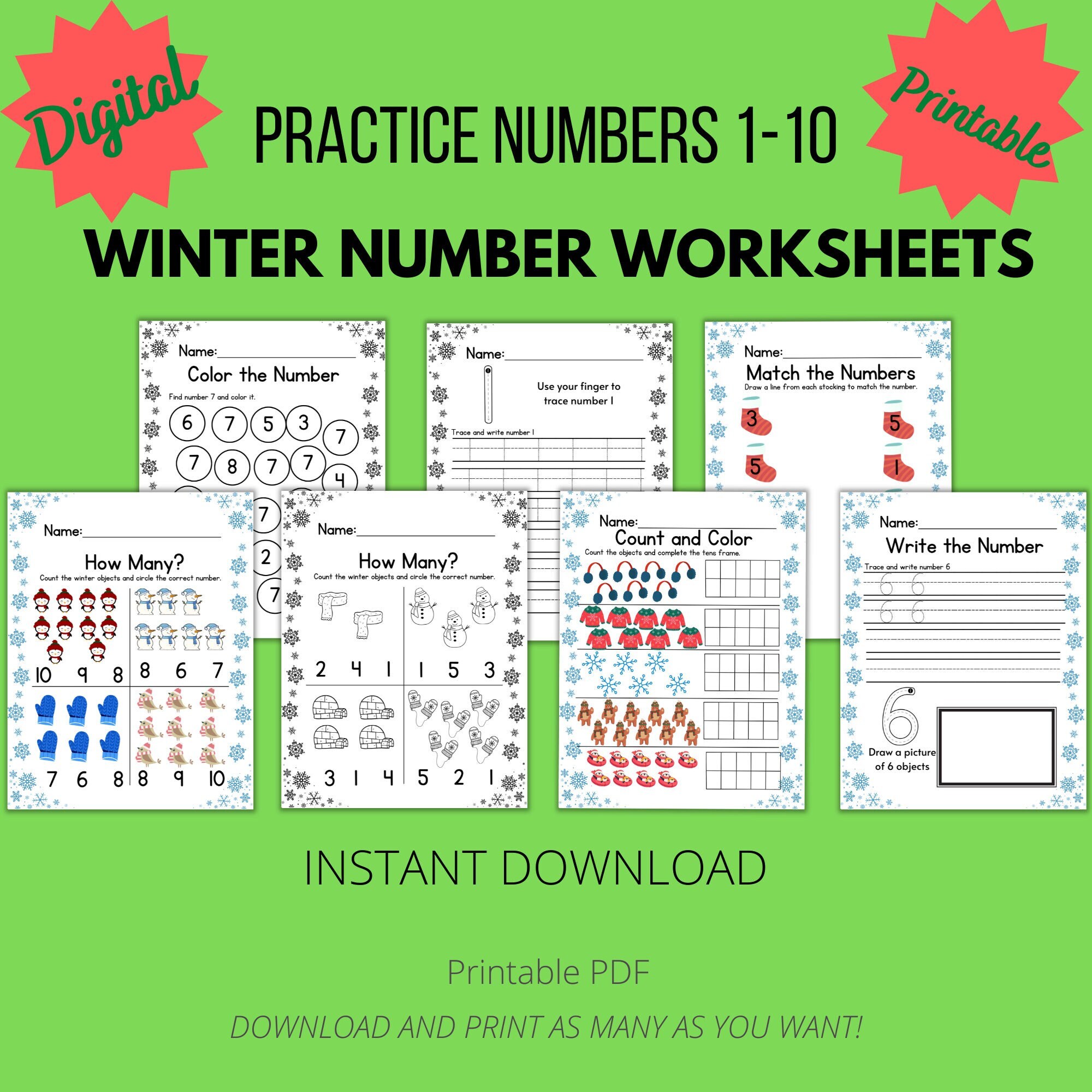 Winter Number Worksheets, Number Recognition, Number Writing, Number ...