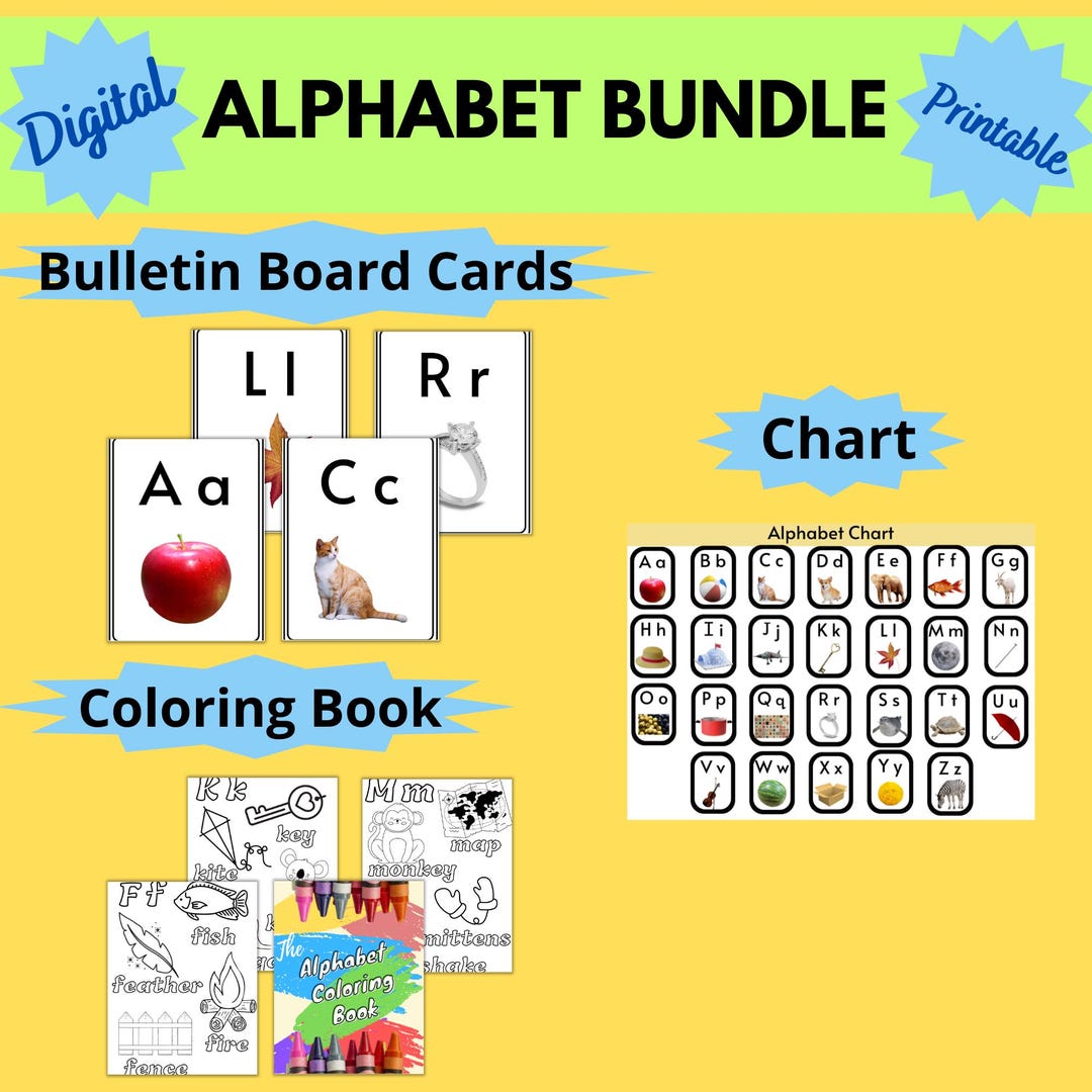 Alphabet Learning Bundle, Bulletin Cards, Coloring Book (digital ...